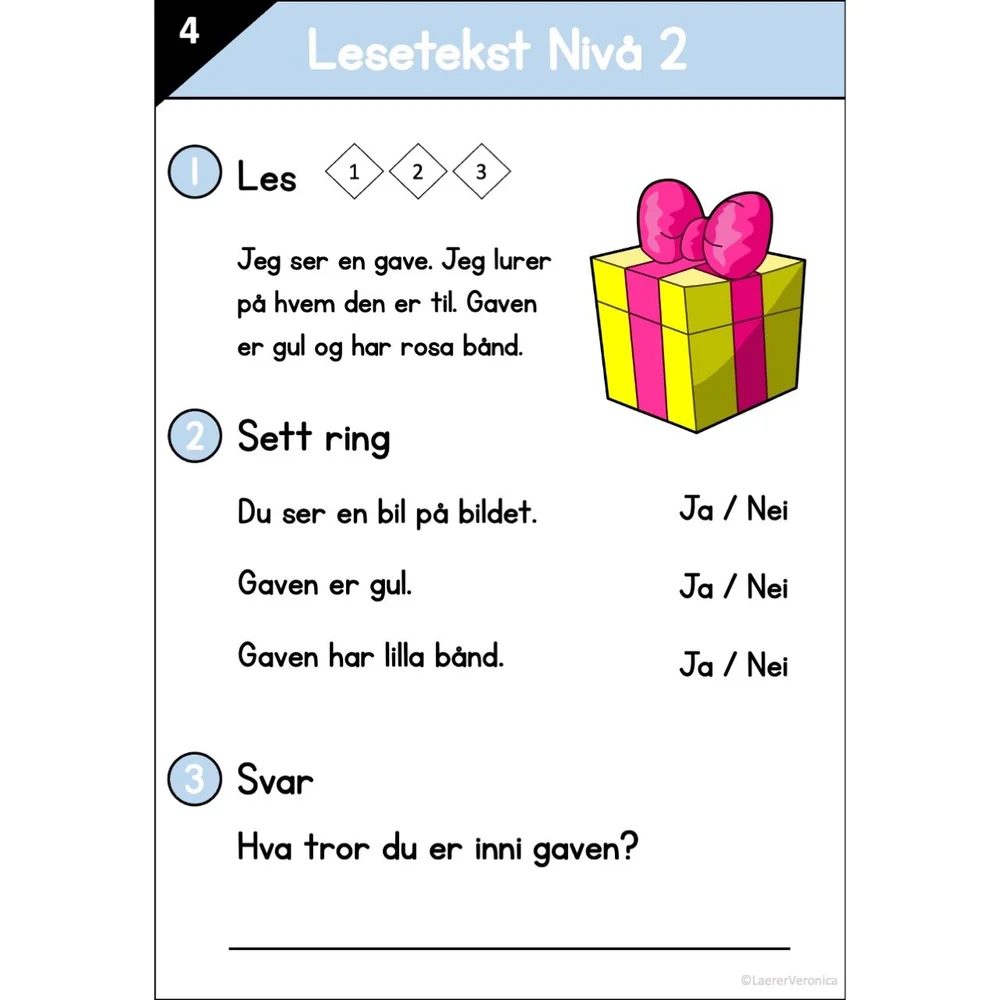 Les og skriv Nivå 1 - 4 - Leseforståelse — LaererVeronica