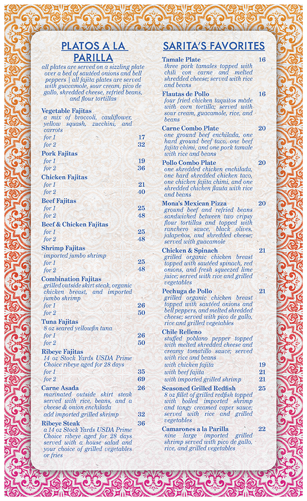 Menu — Sarita's Grill and Cantina