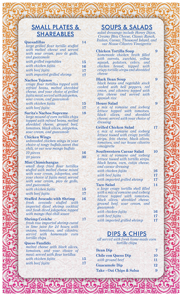 Menu — Sarita's Grill and Cantina
