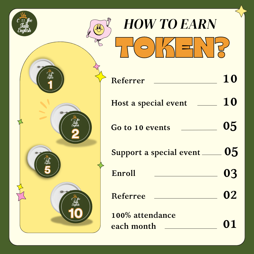 CHƯƠNG TRÌNH KIẾM TOKEN - ĐỔI VẬT PHẨM — Coffee Talk English