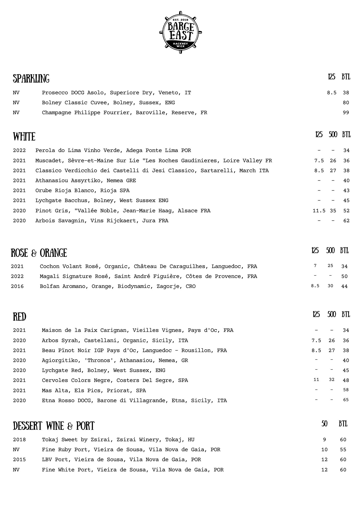 Drinks Menu — Barge East