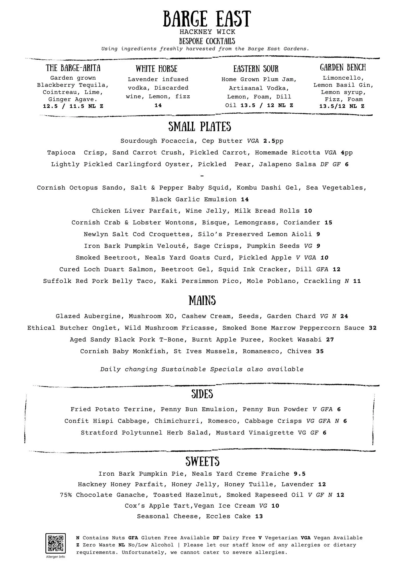 Restaurant Set Dinner Menu — Barge East