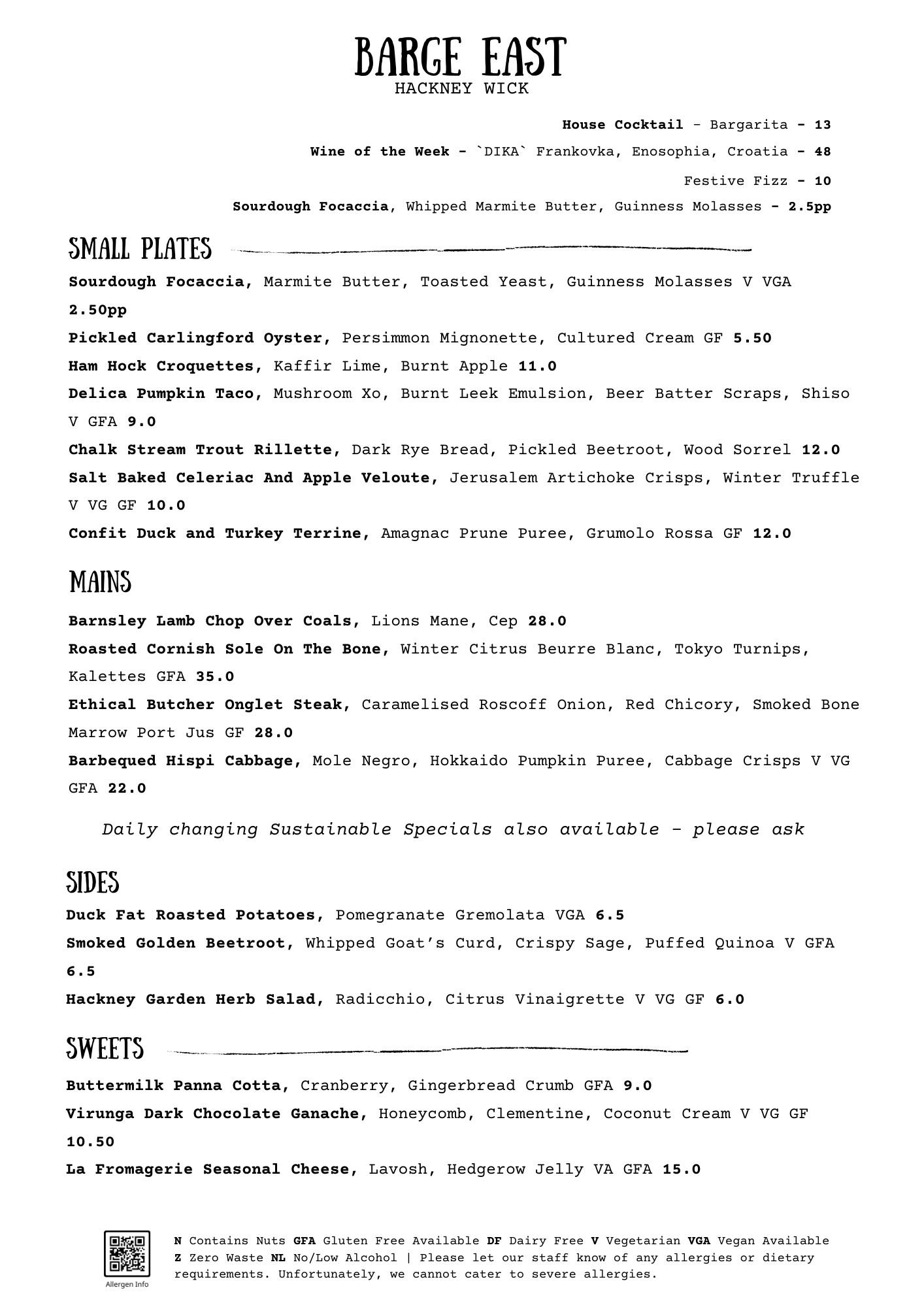 Restaurant Set Dinner Menu — Barge East