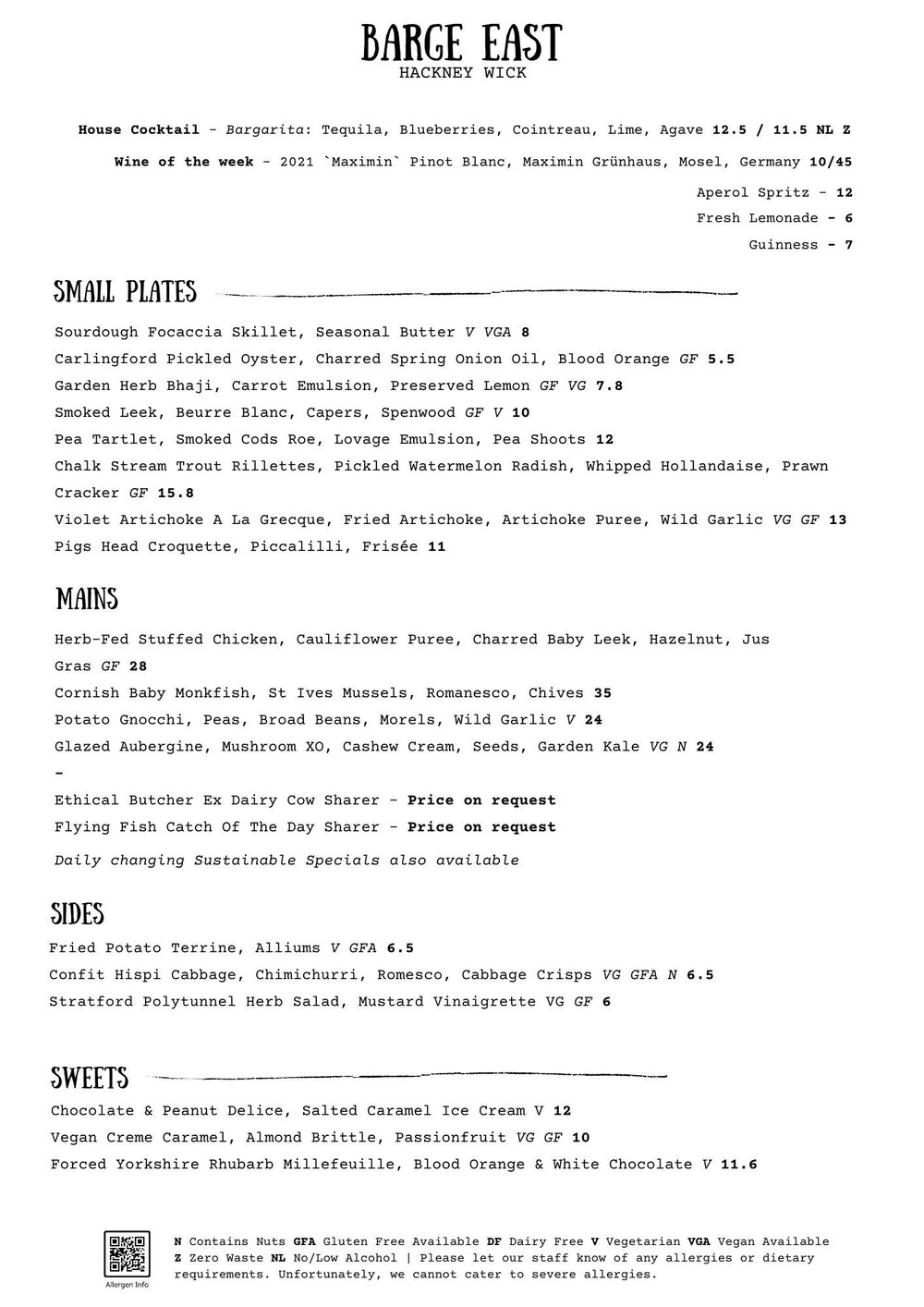 Restaurant Set Dinner Menu — Barge East