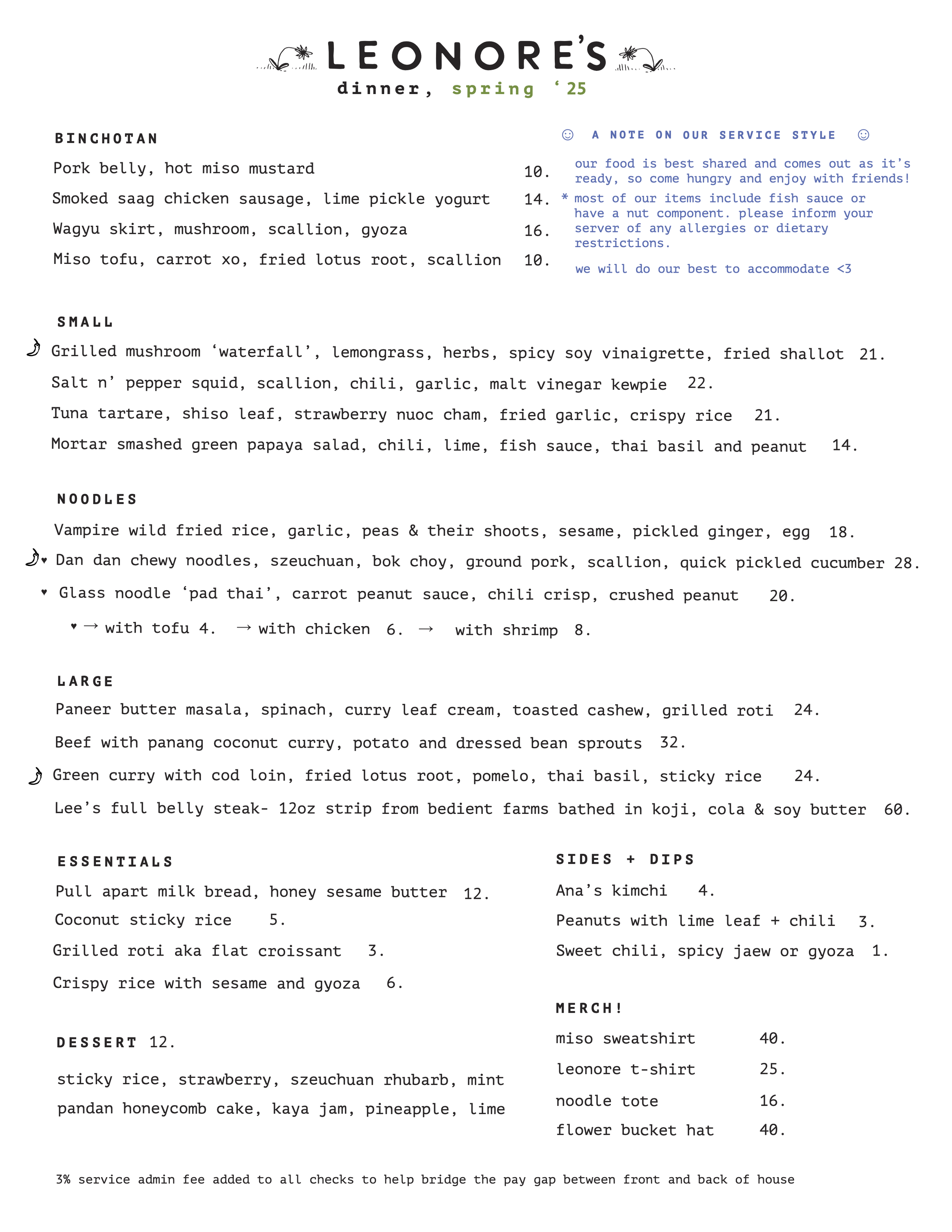 dinner menu — Leonore's