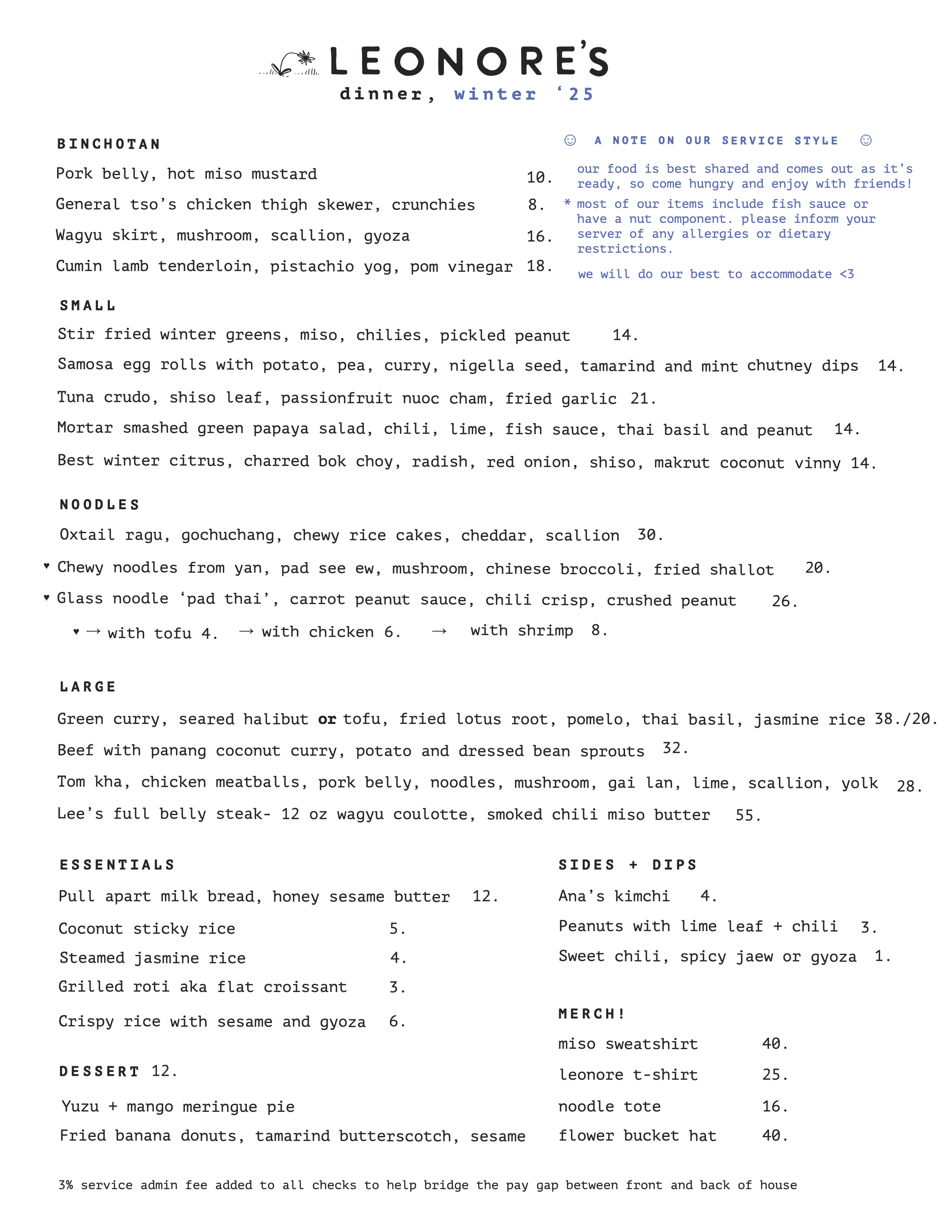 dinner menu — Leonore's