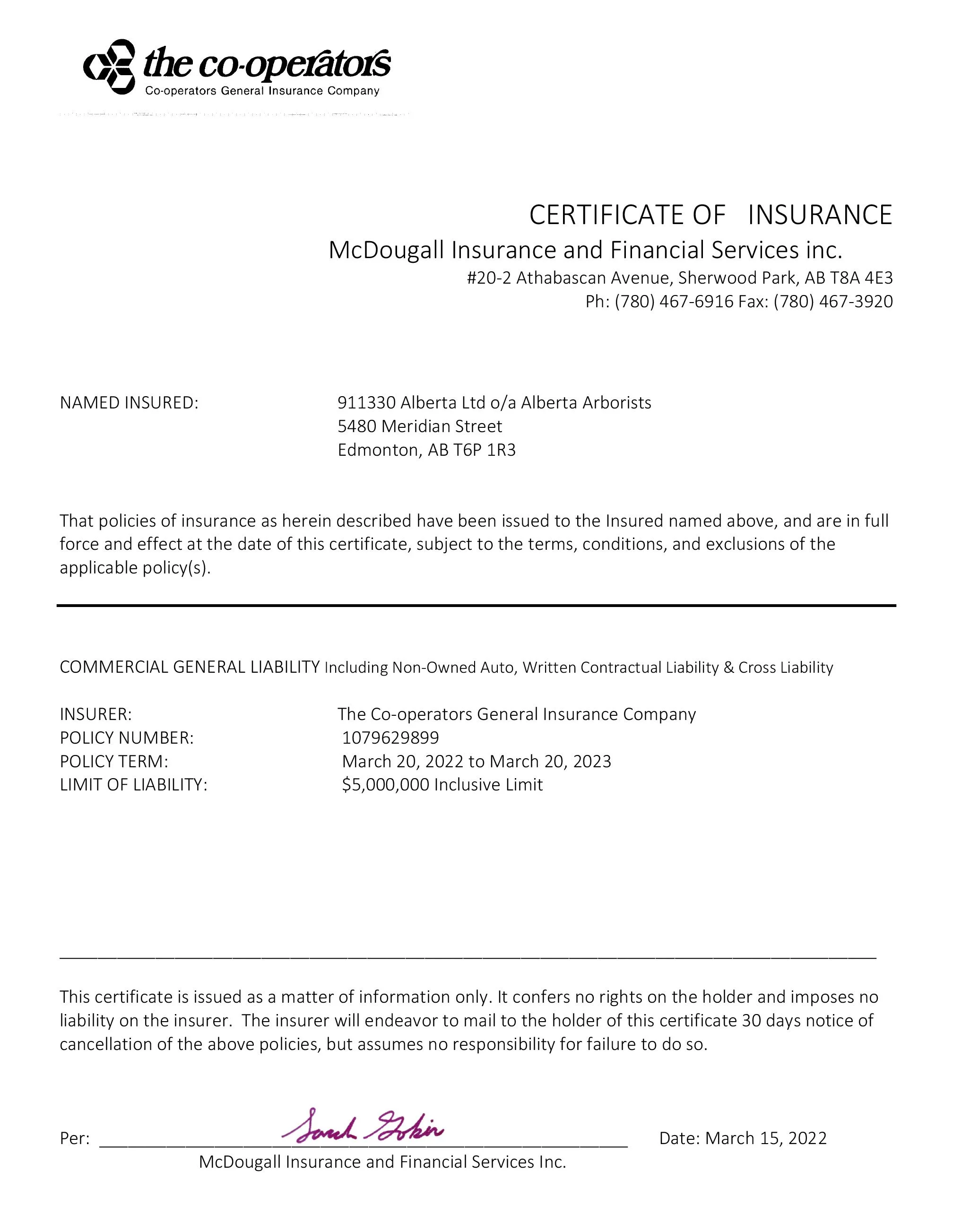 Certificate of Insurance — Alberta Arborists | Edmonton Tree Service