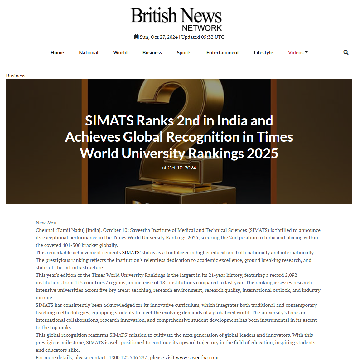 SIMATS Ranks 2nd in India and Achieves Global Recognition in Times ...