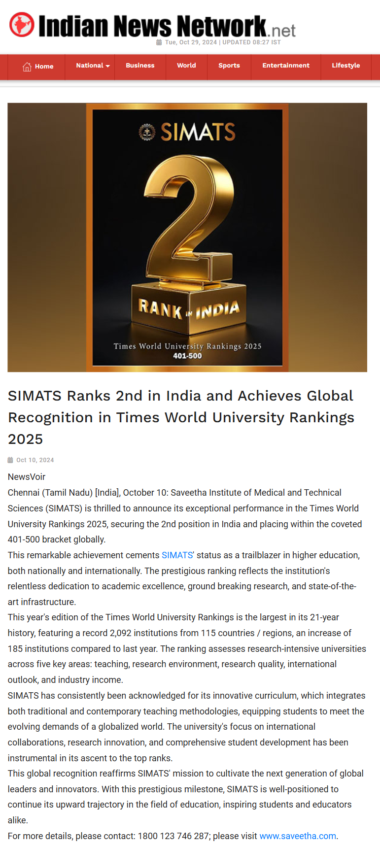 SIMATS Ranks 2nd in India and Achieves Global Recognition in Times ...