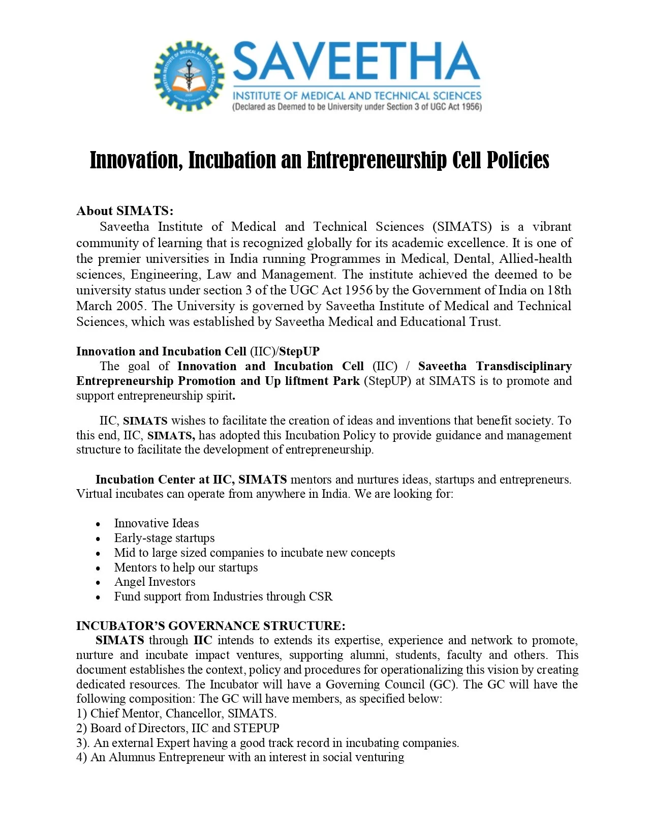 NISP — SIMATS DEEMED UNIVERSITY