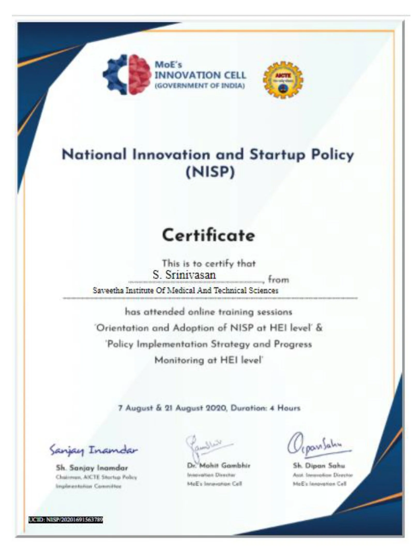 NISP — SIMATS DEEMED UNIVERSITY