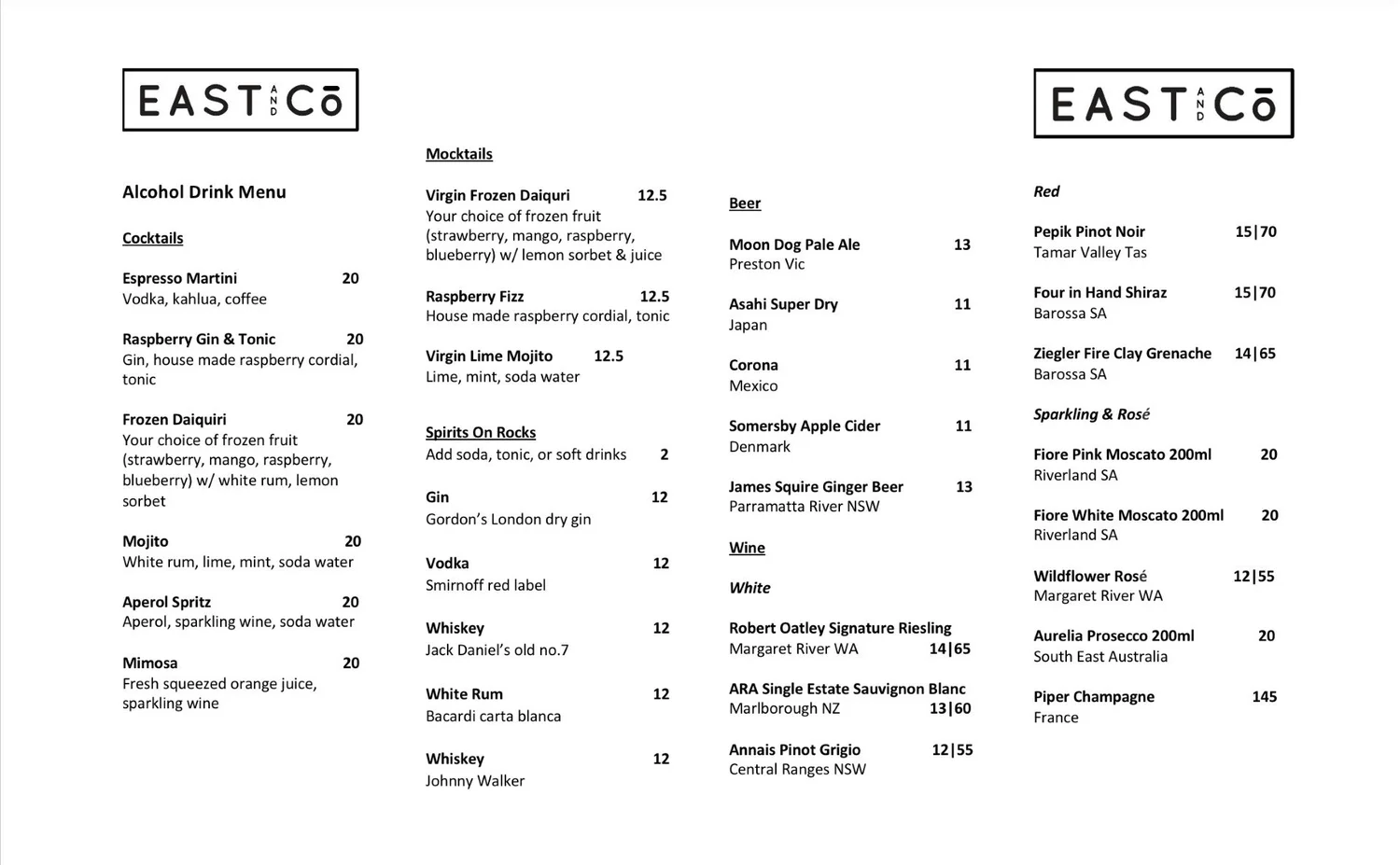 Menu — East and Co