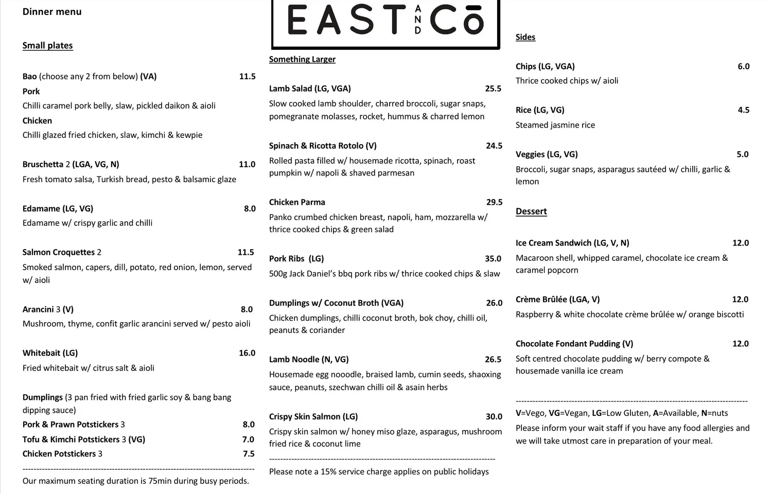Menu — East and Co