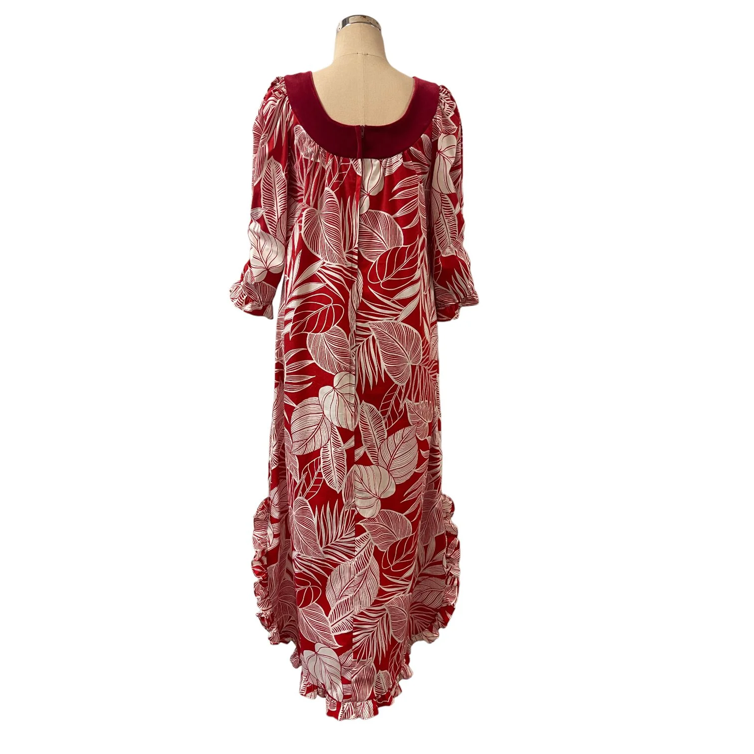 Tropical Leaf Prints Red Muumuu with Velvet Trim | Large Size Muumuu ...
