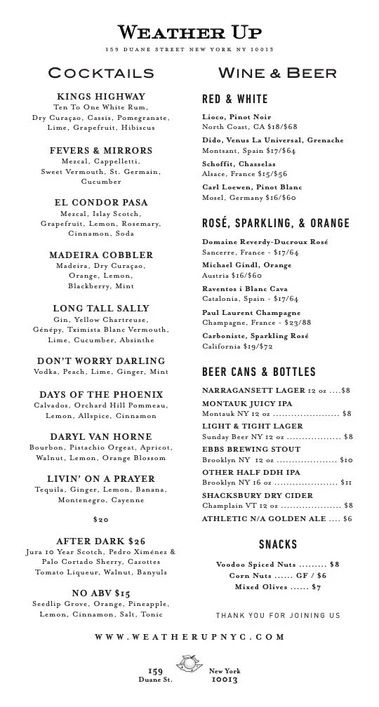 Tribeca Menu — Weather Up