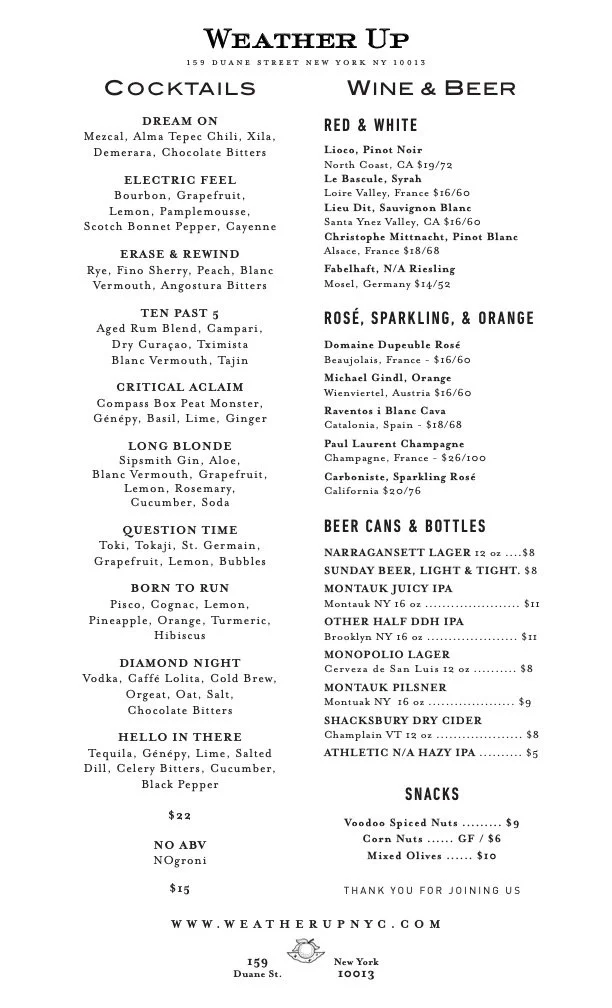 Tribeca Menu — Weather Up