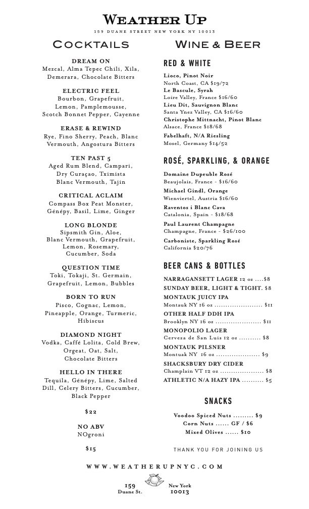 Tribeca Menu — Weather Up