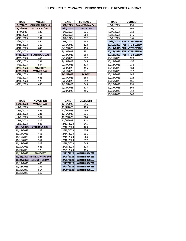 Bell & Period Schedule — Ewa Makai Middle School