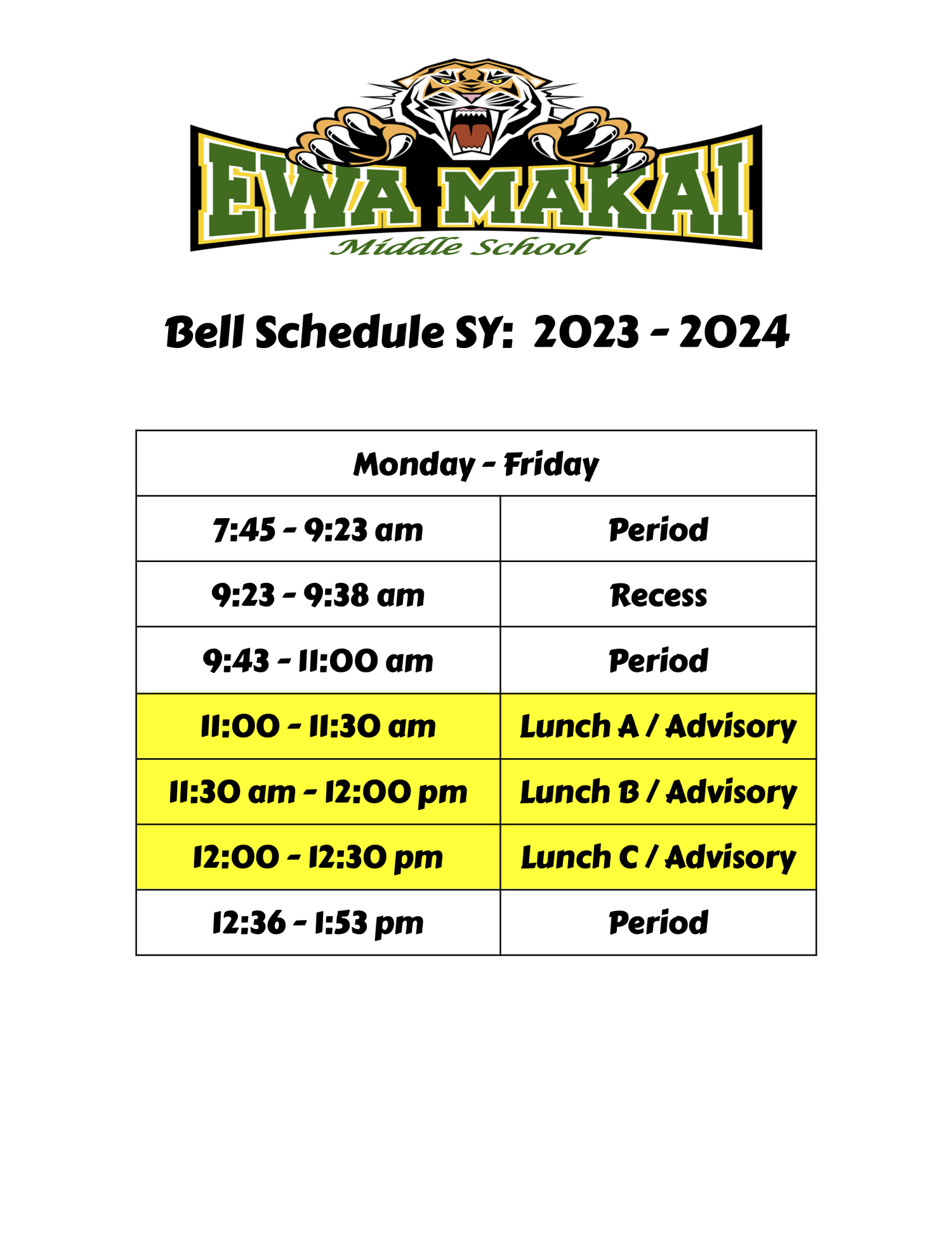 Bell & Period Schedule — Ewa Makai Middle School