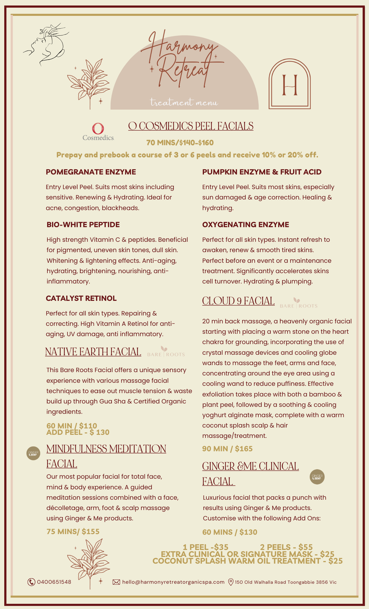 TREATMENT MENU — Harmony Retreat Organic Spa