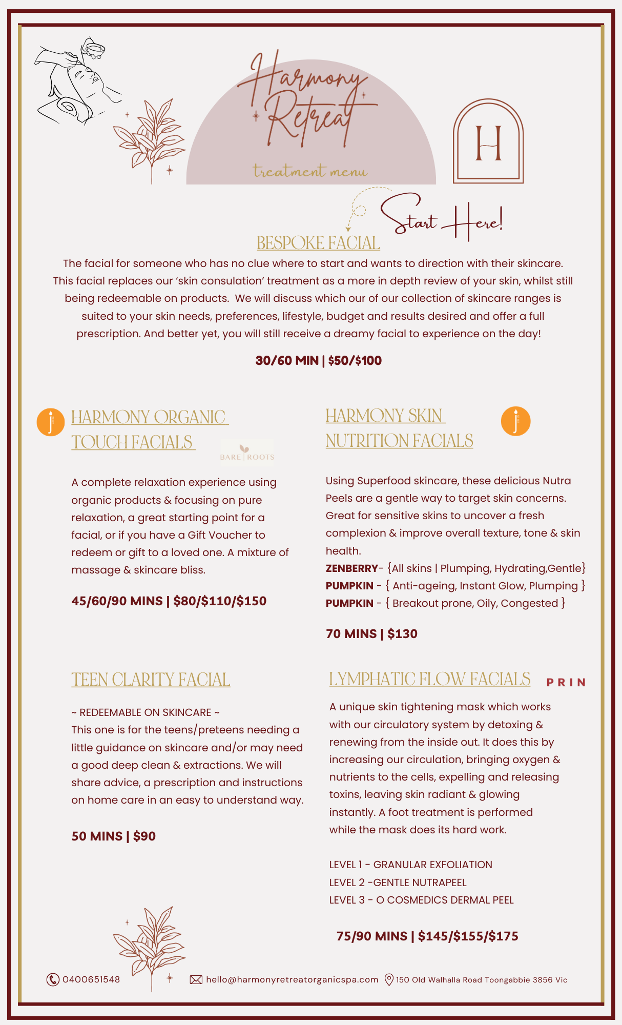 TREATMENT MENU — Harmony Retreat Organic Spa