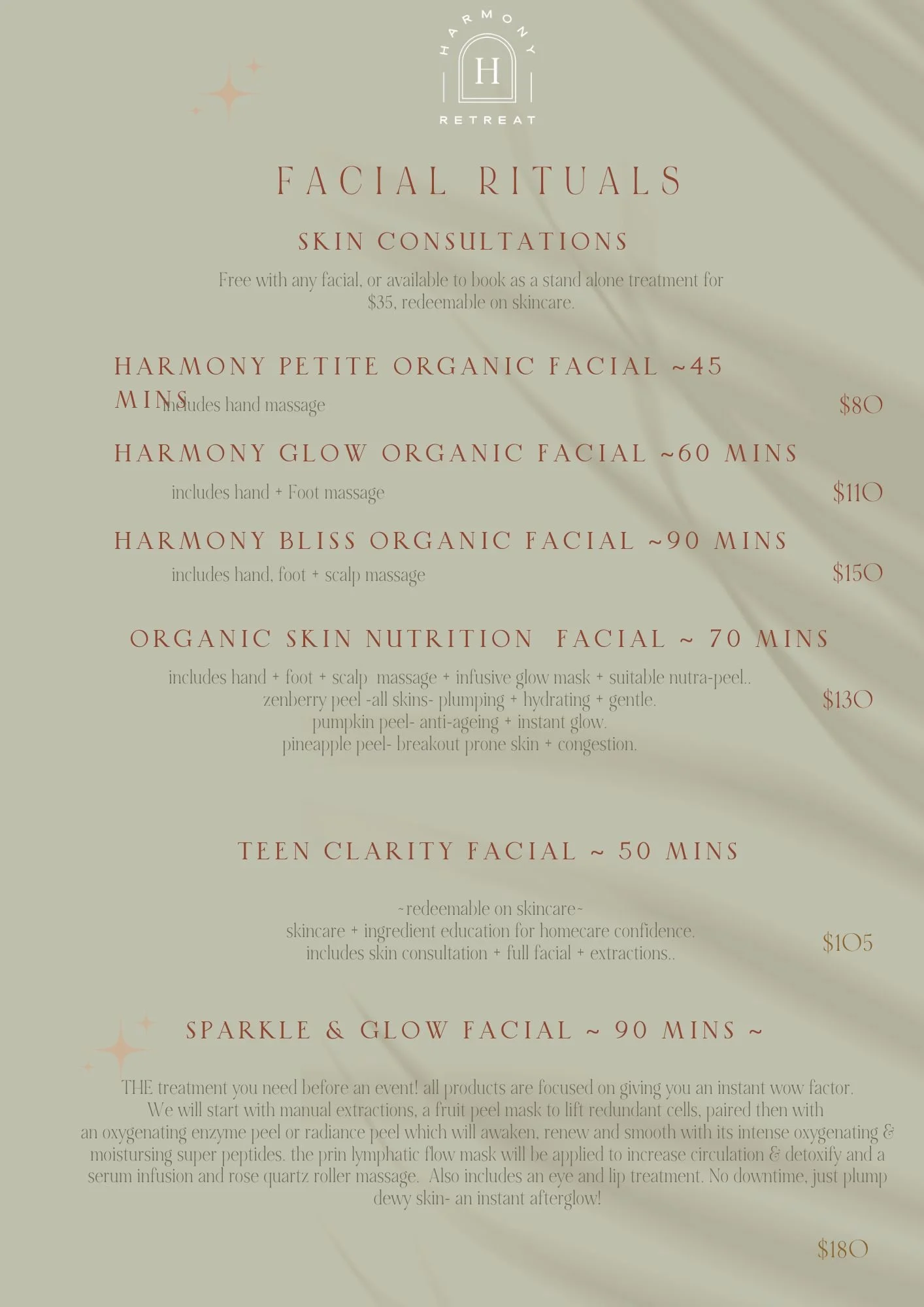 TREATMENT MENU — Harmony Retreat Organic Spa