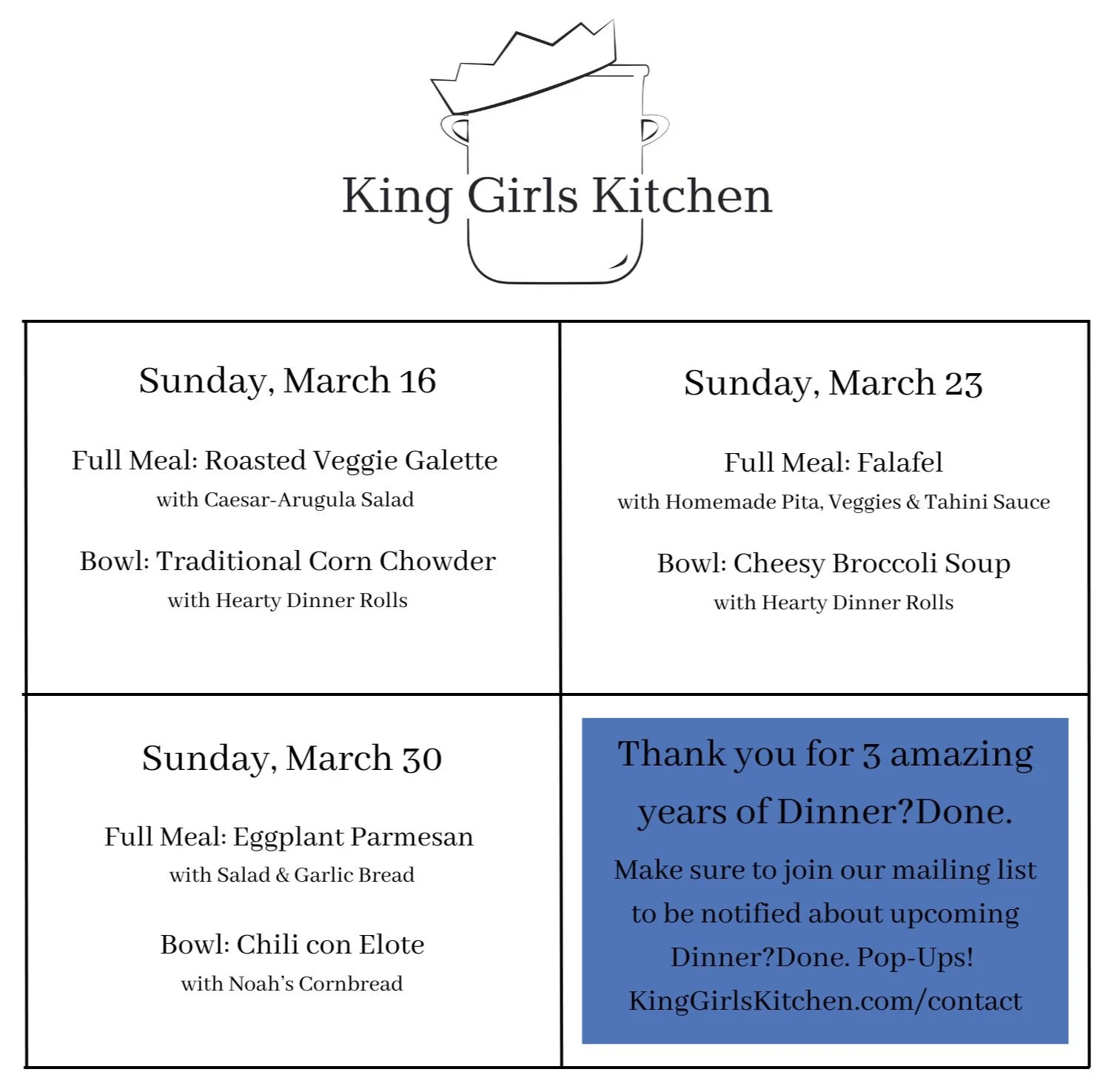 Weekly Menu Details — King Girls Kitchen