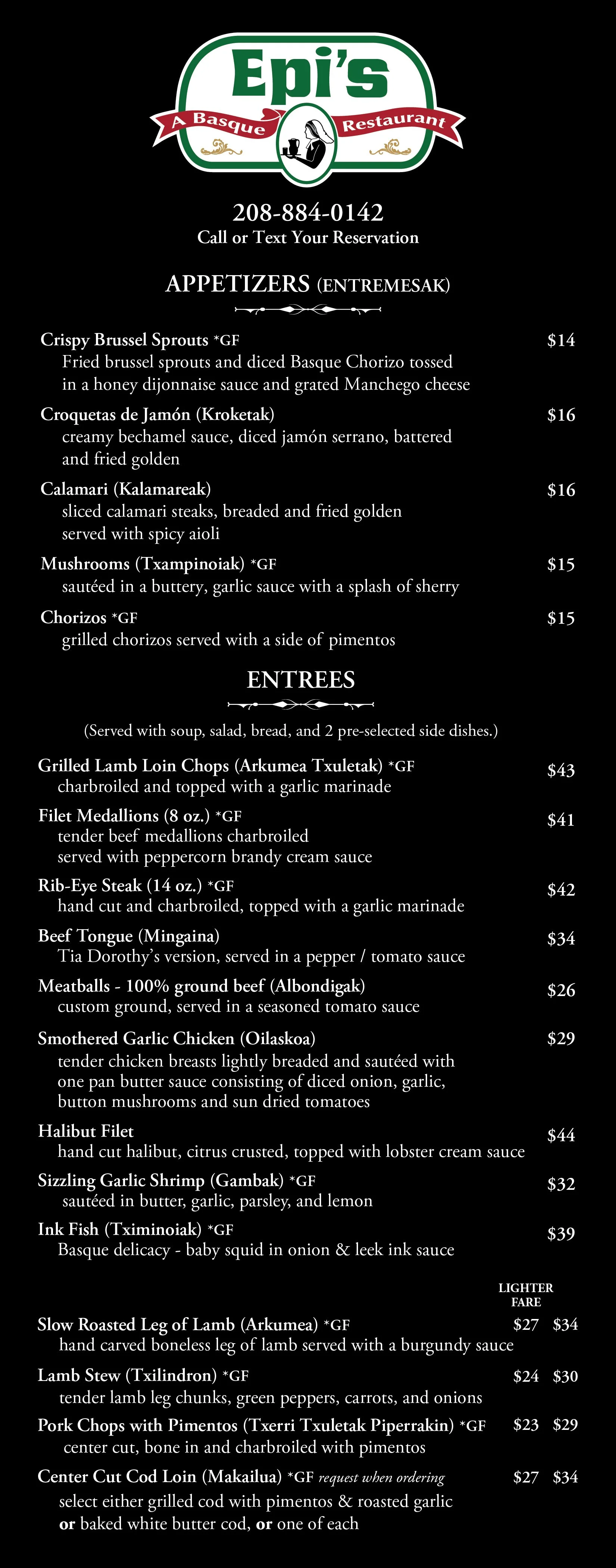 Menu — Epi's Basque Restaurant | Traditional Basque Cuisine | Meridian ...