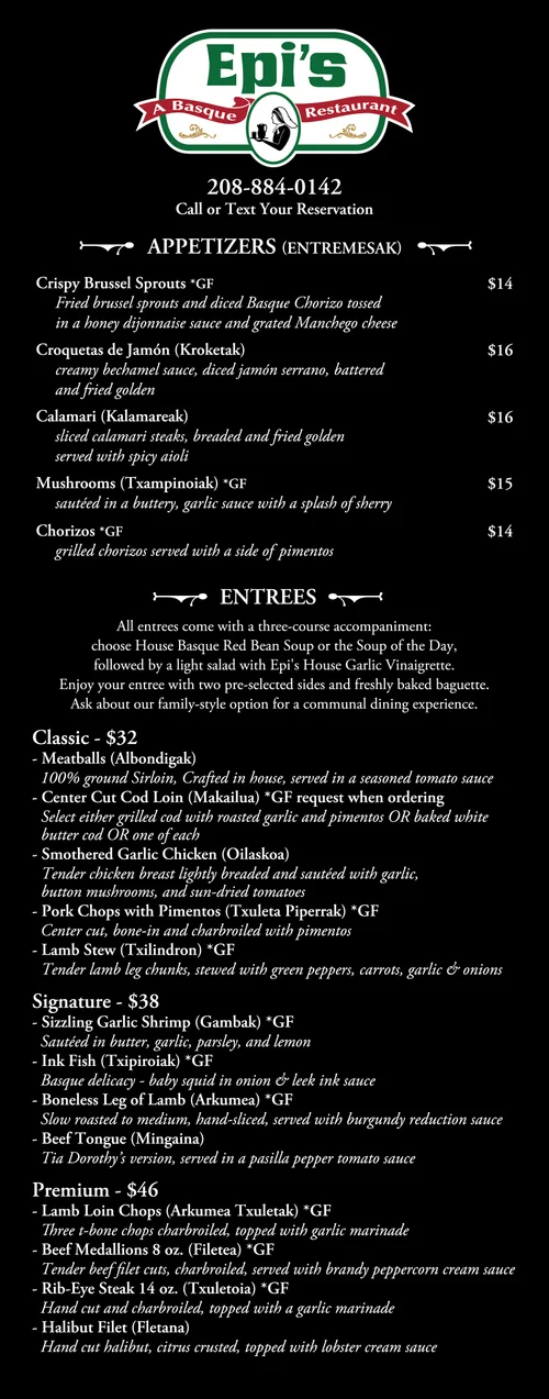 Menu — Epi's Basque Restaurant | Traditional Basque Cuisine | Meridian ...