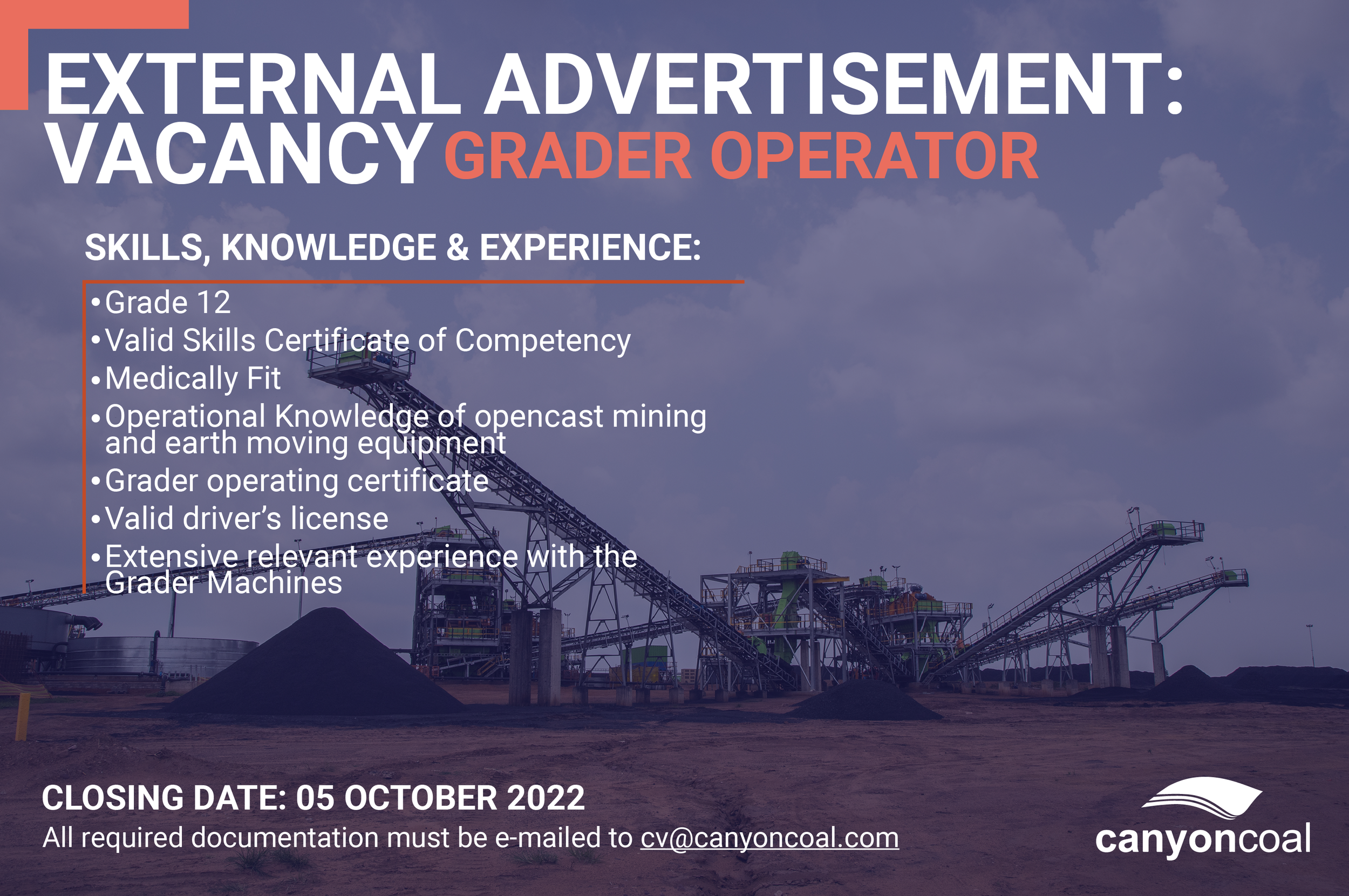Vacancy: Phalanndwa Colliery -Grader Operator — Canyon Coal