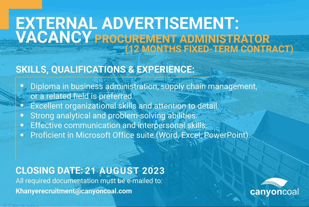 Vacancy: Khanye-Procurement Administrator — Canyon Coal