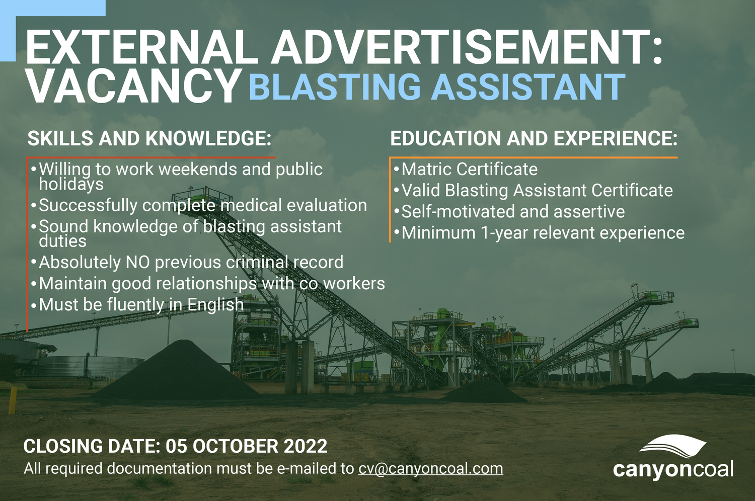 Vacancy: Phalanndwa Colliery -Blasting Assistant — Canyon Coal