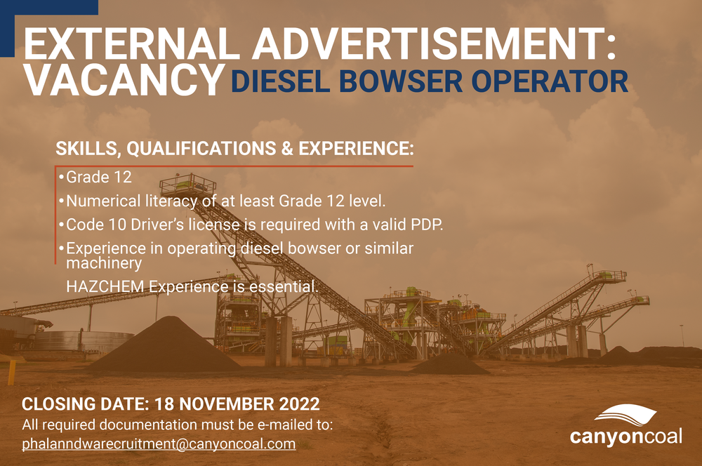 Vacancy: Phalanndwa Extension- Diesel Bowser Operator — Canyon Coal