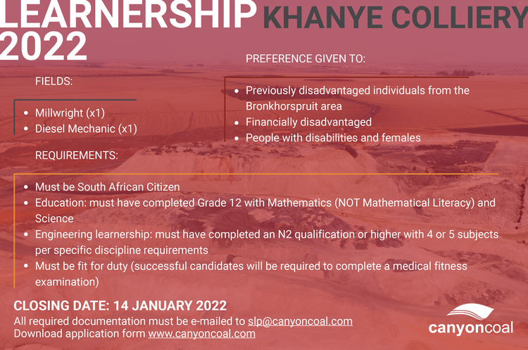 Learnership Advert for Khanye Colliery — Canyon Coal