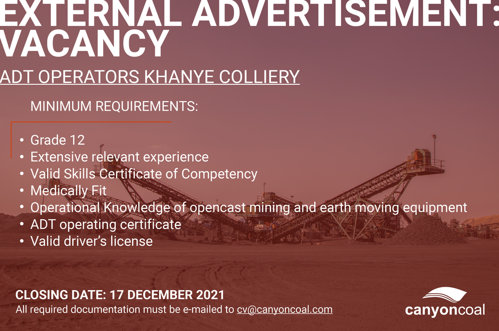 Vacancy: Khanye Colliery - 3x ADT Operators — Canyon Coal