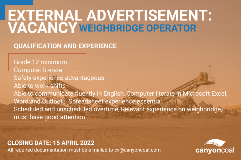 Vacancy: Phalanndwa Colliery - 3x Weighbridge Operators — Canyon Coal