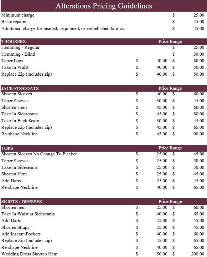 Pricing — Custom Garments & Alterations
