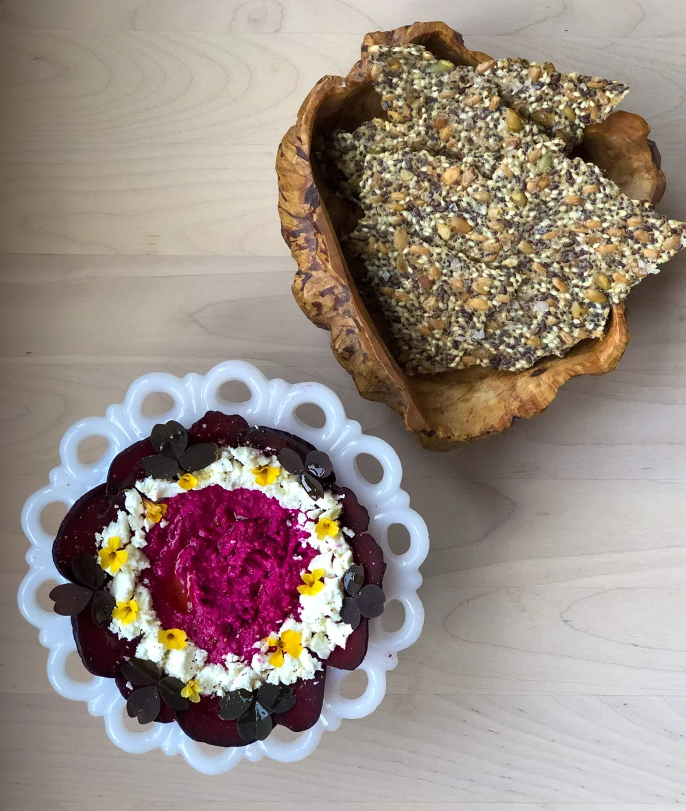 Beetroot hummus with crumbled feta cheese and seed crackers — Life of a ...
