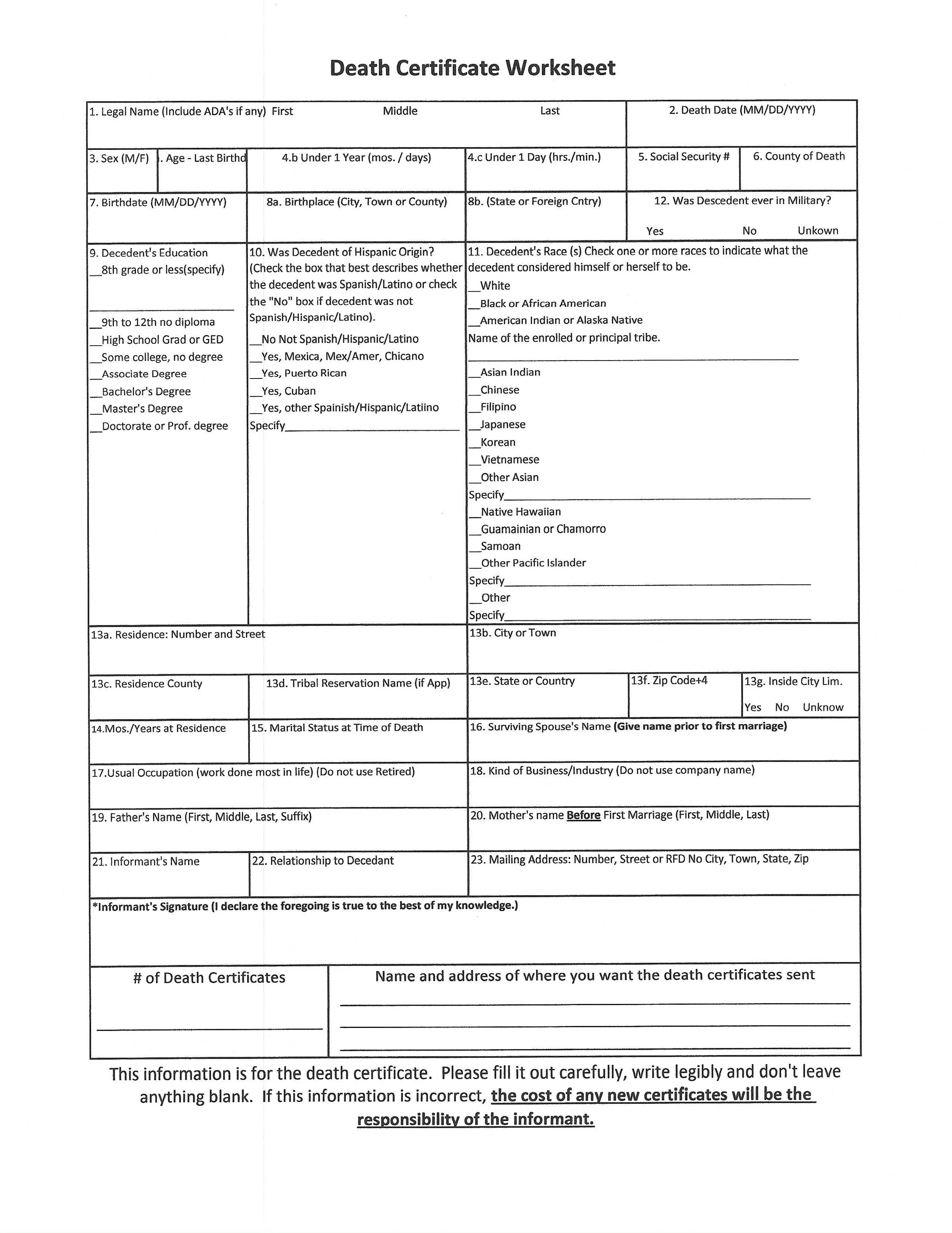 Death Certificate Worksheet — Safe Harbor Funeral Service