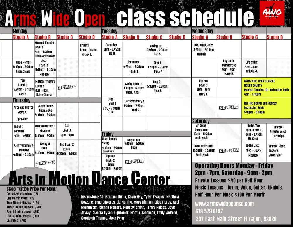 Class Schedule 2024' — Arms Wide Open