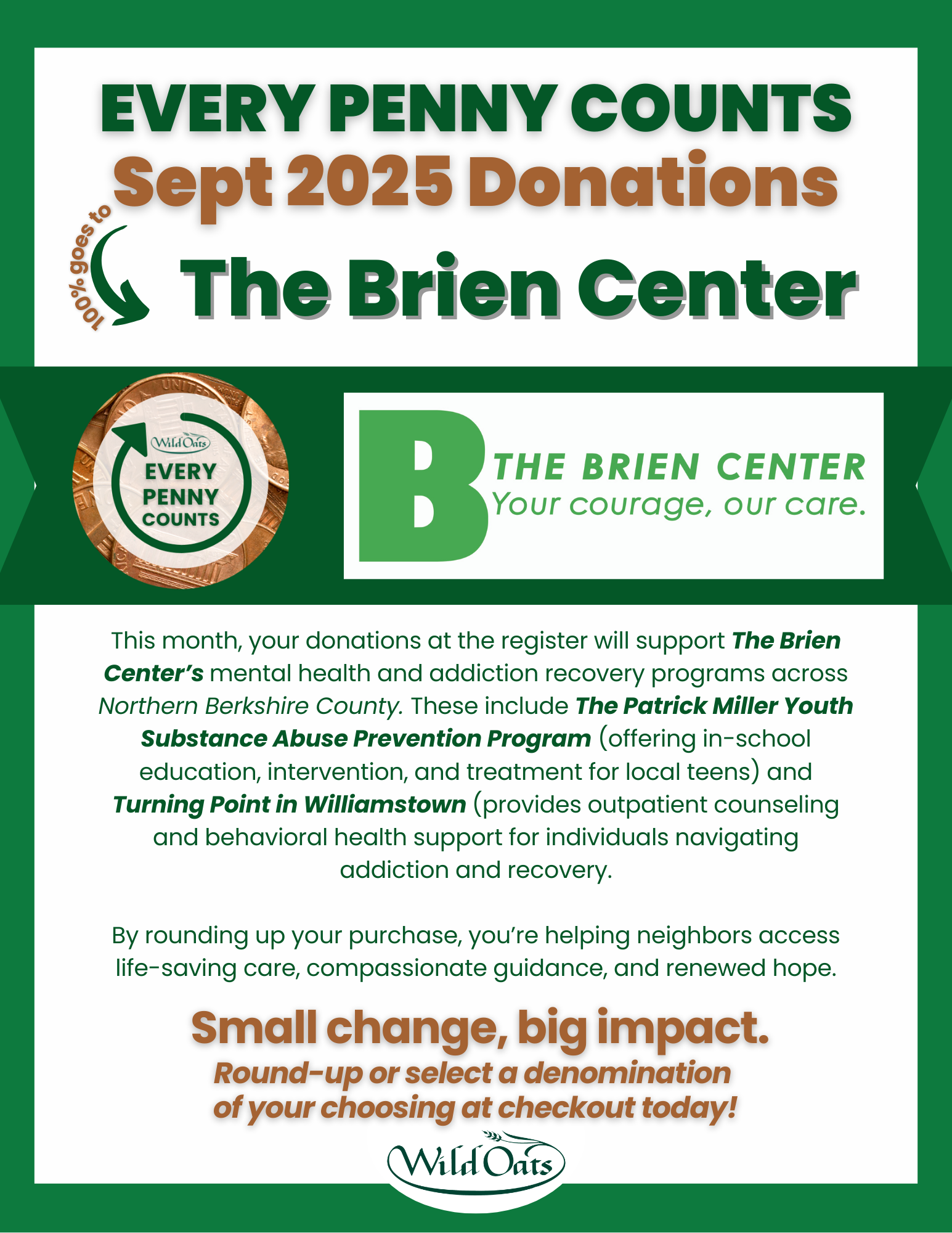 The Brien Center, Sept 2025 Every Penny Counts Recipient — Wild Oats Market