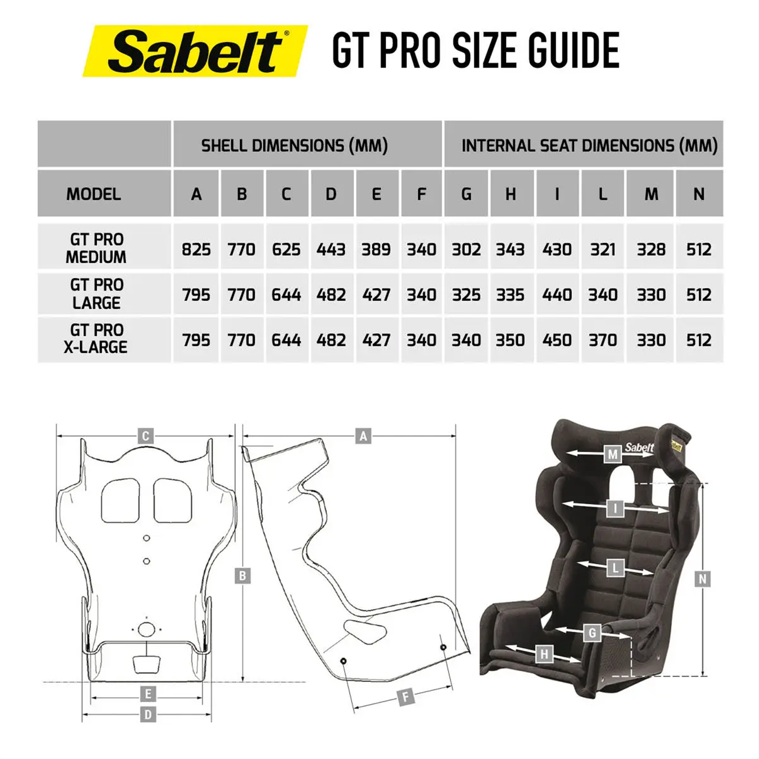 Sabelt Seats Size Charts — Track First
