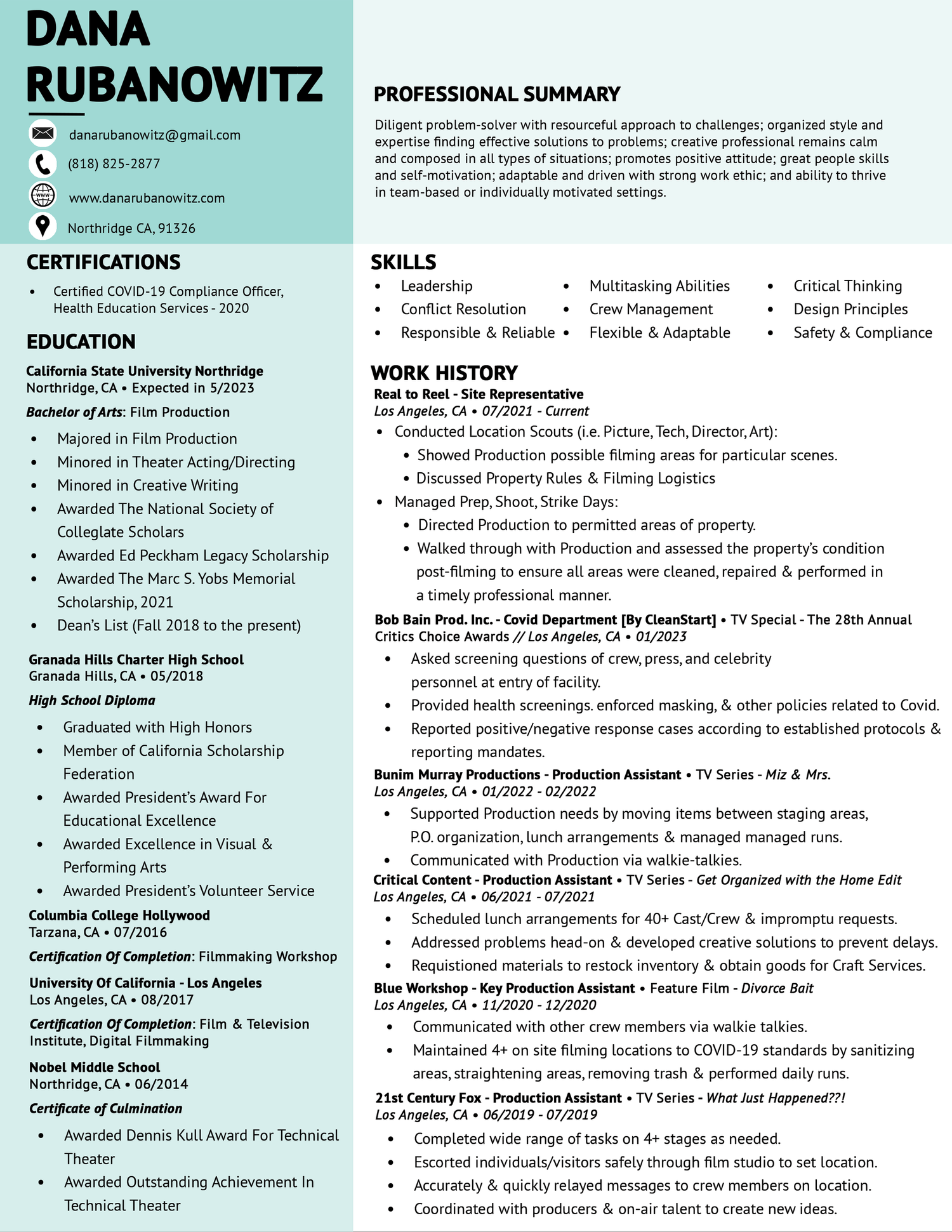 2023 General Production Resume — Dana Rubanowitz