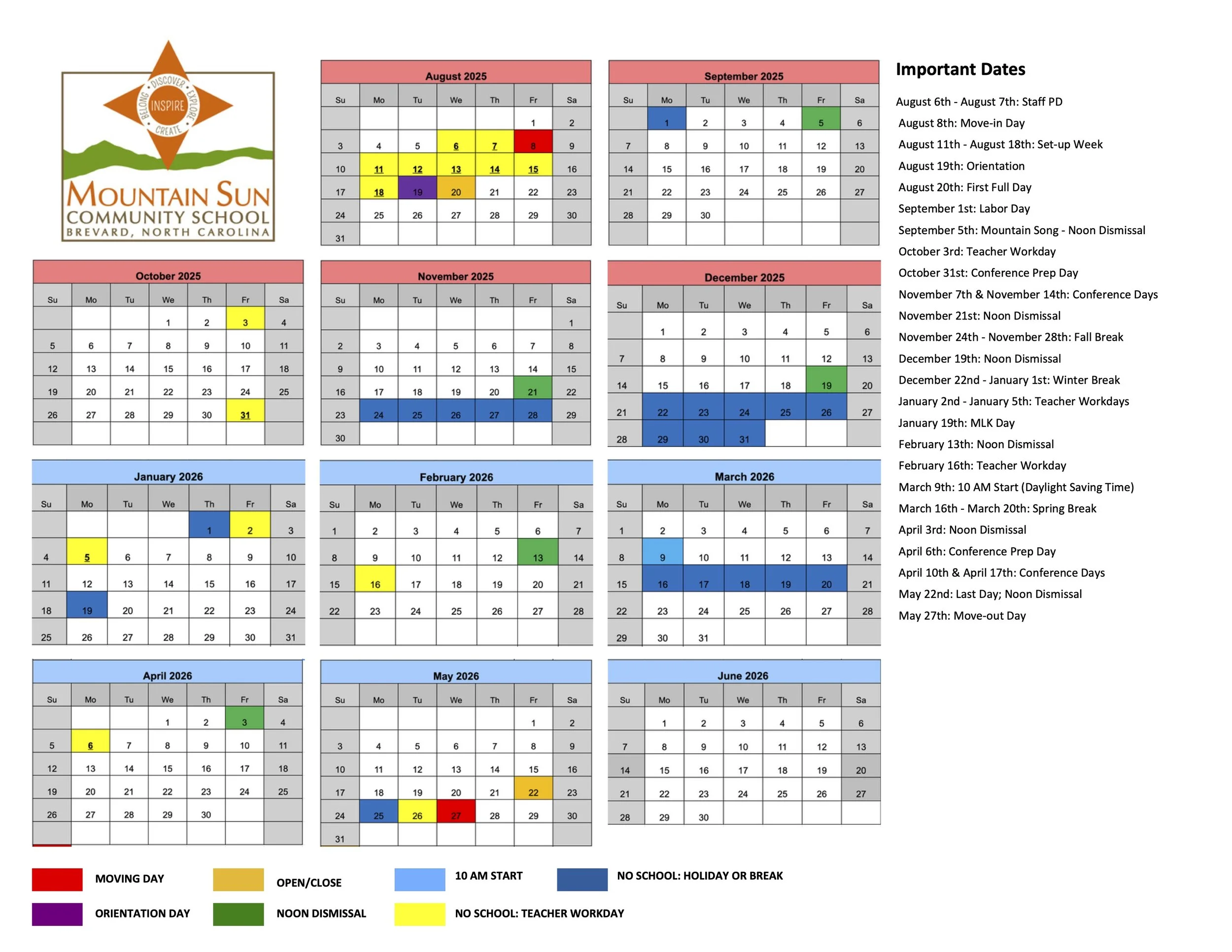 2025-2026 Calendar — Mountain Sun Community School
