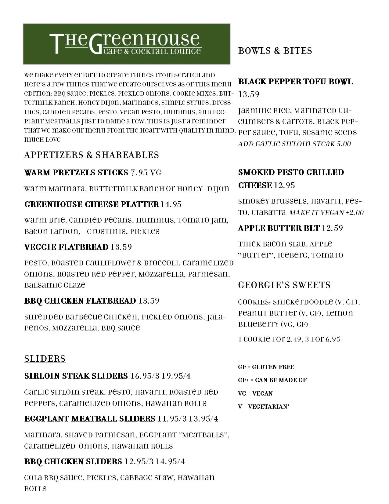 Menu 1 — The Greenhouse Cafe and Cocktail Lounge