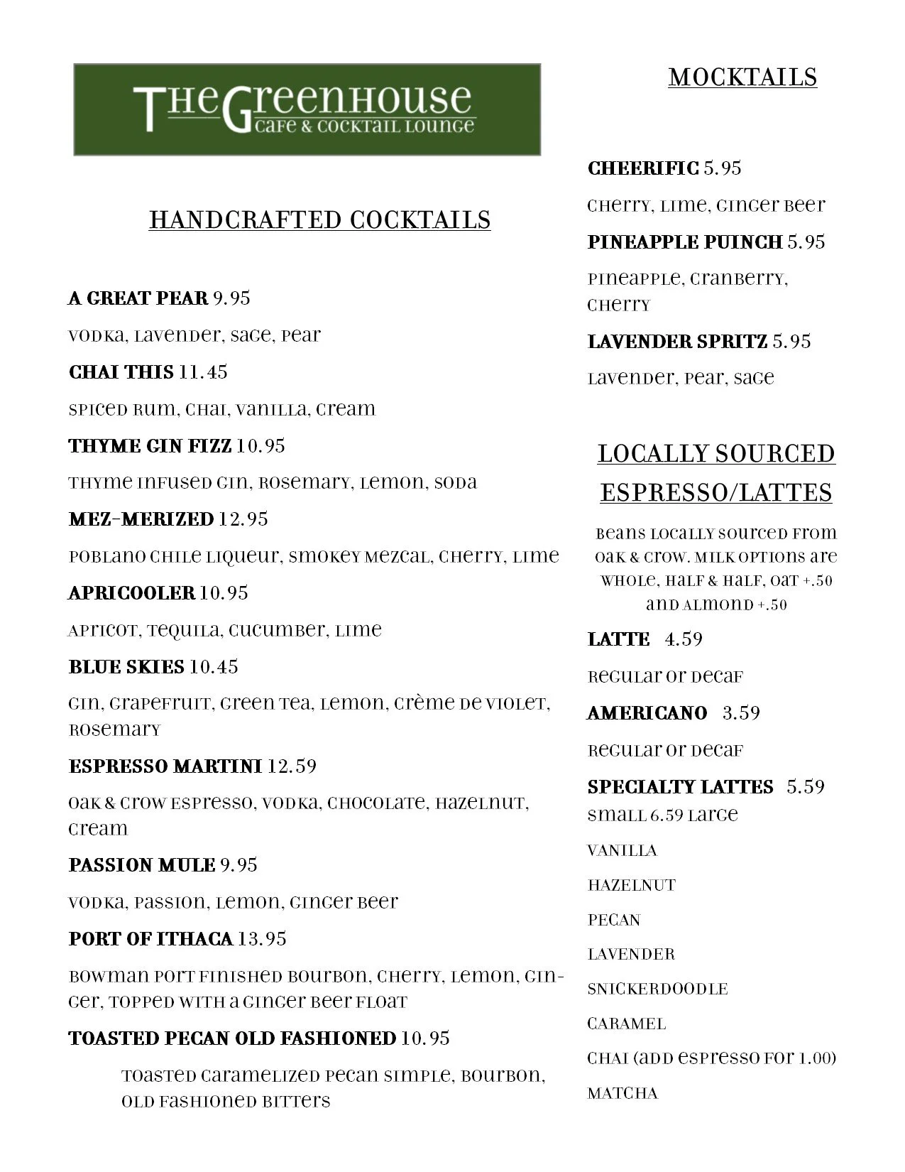 Menu 1 — The Greenhouse Cafe and Cocktail Lounge