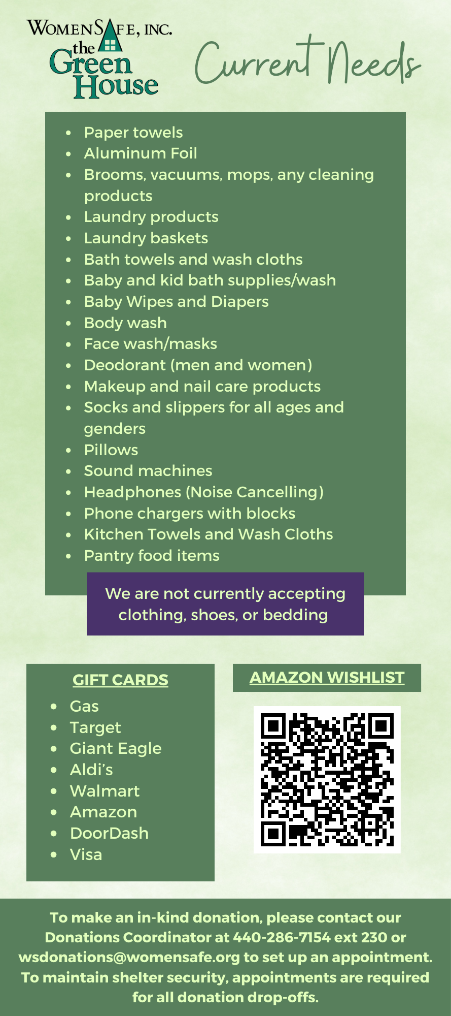 WomenSafe Shelter Current Needs — WomenSafe, Inc.