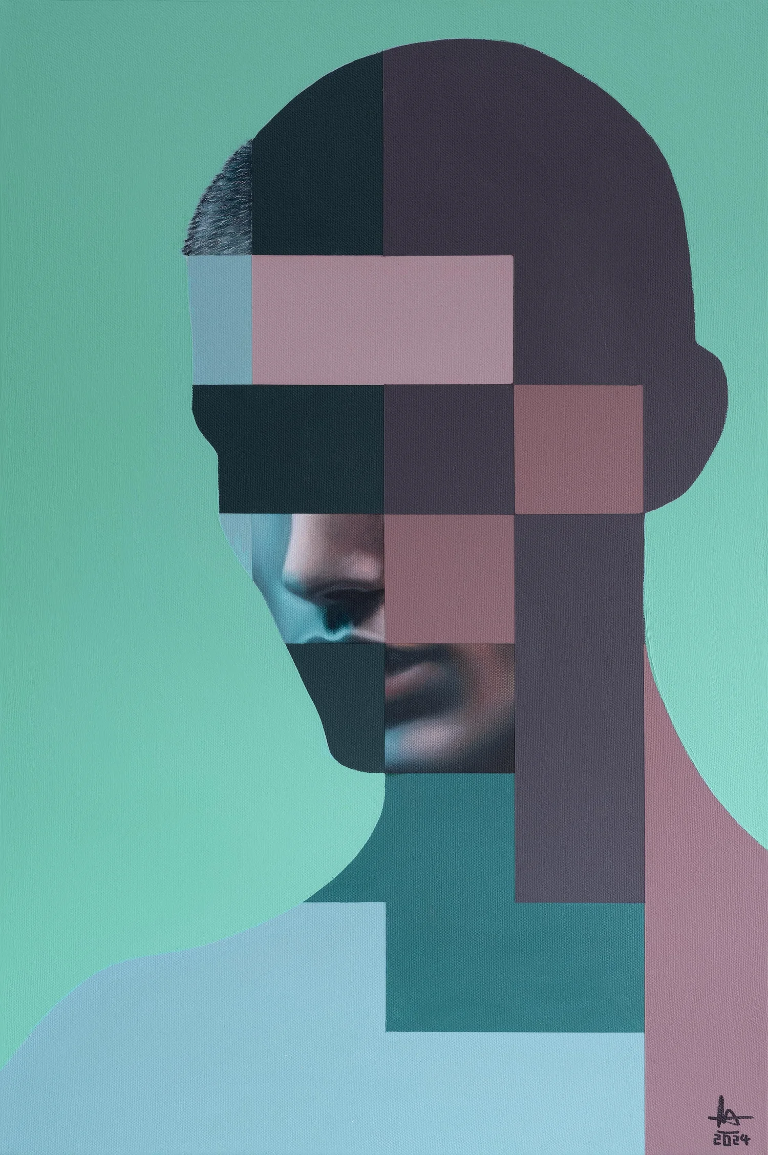 'Operator' portrait made from green and brown colour blocks | Nick Gentry