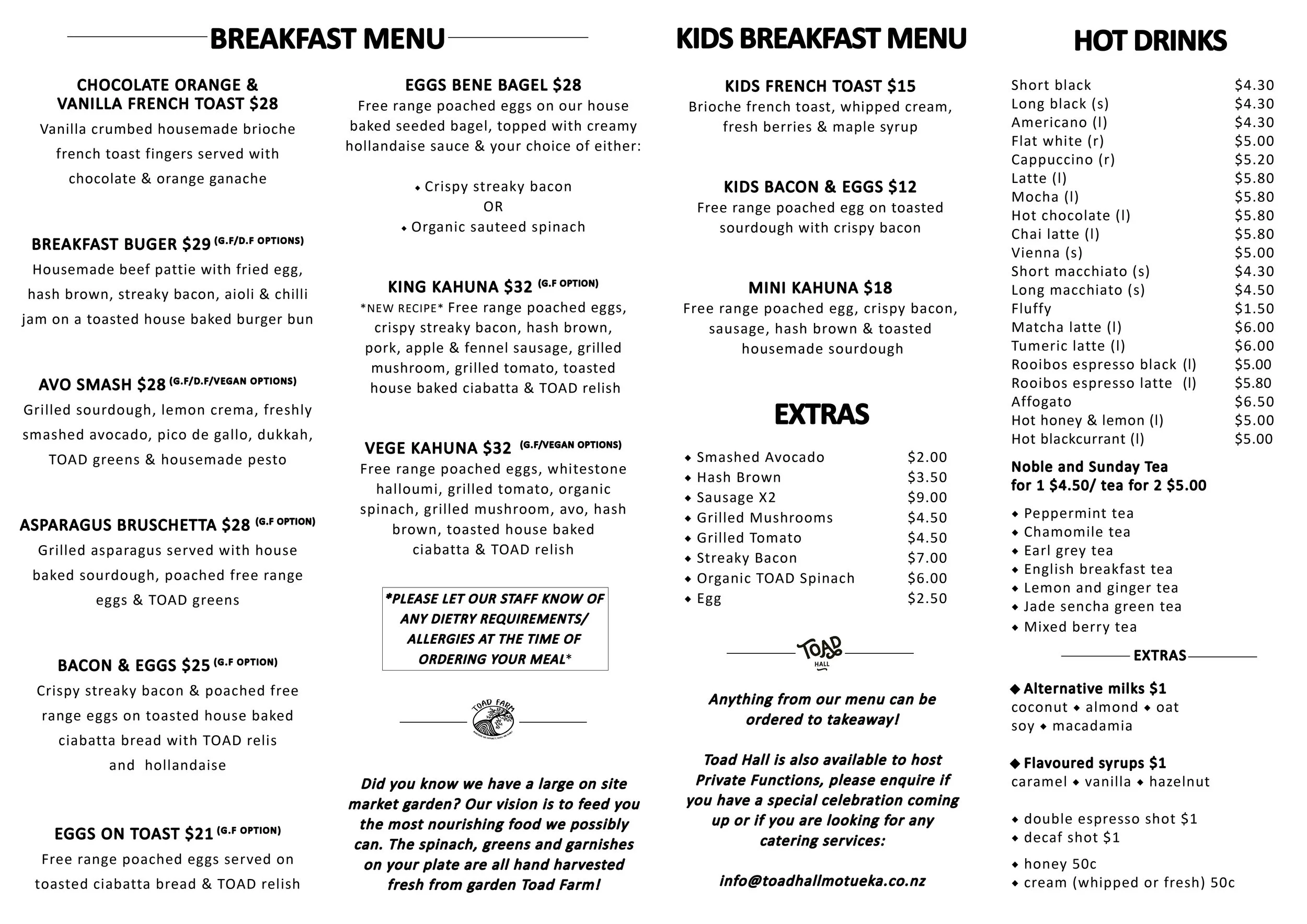 Our Menus — Toad Hall