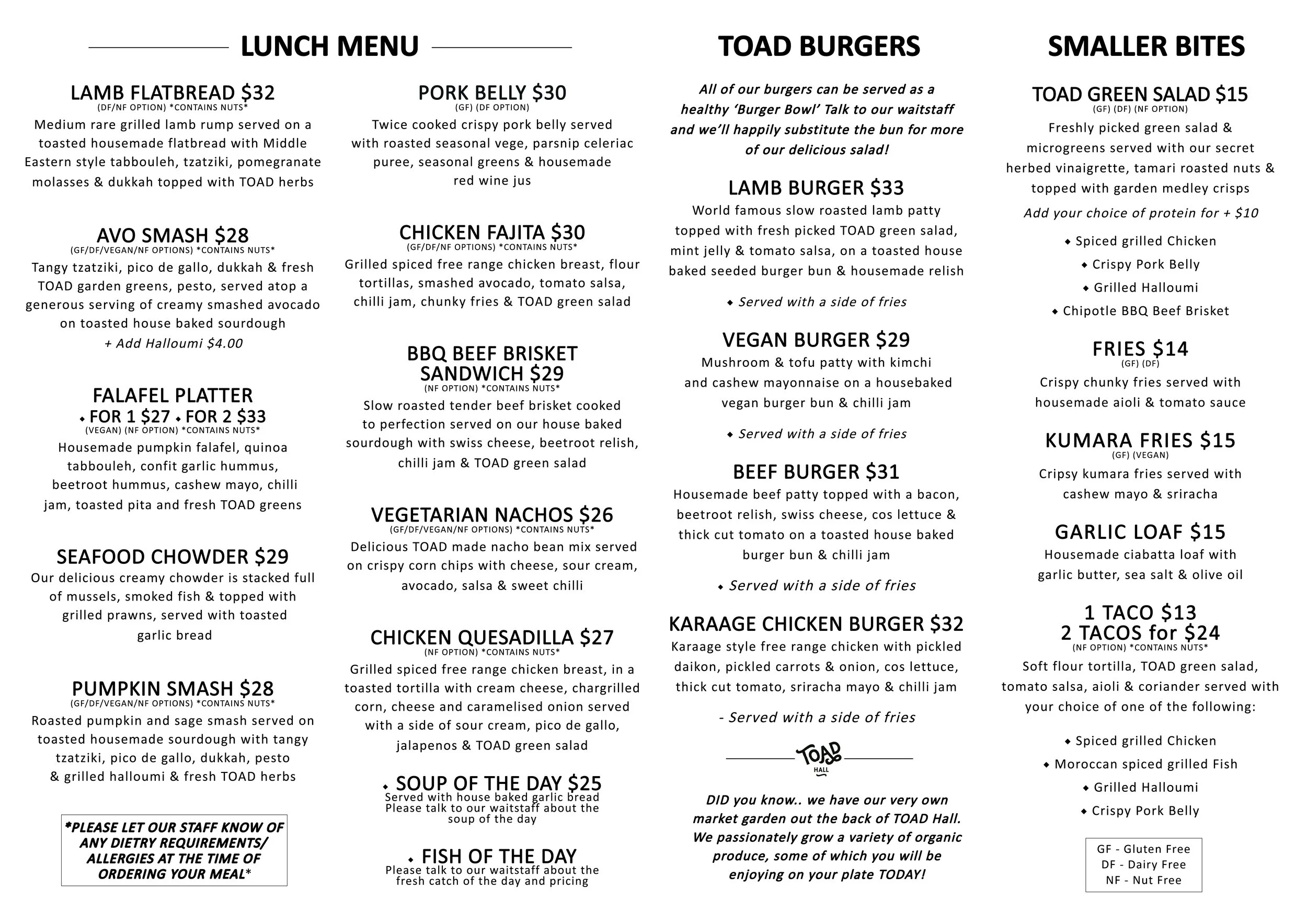 Our Menus — Toad Hall